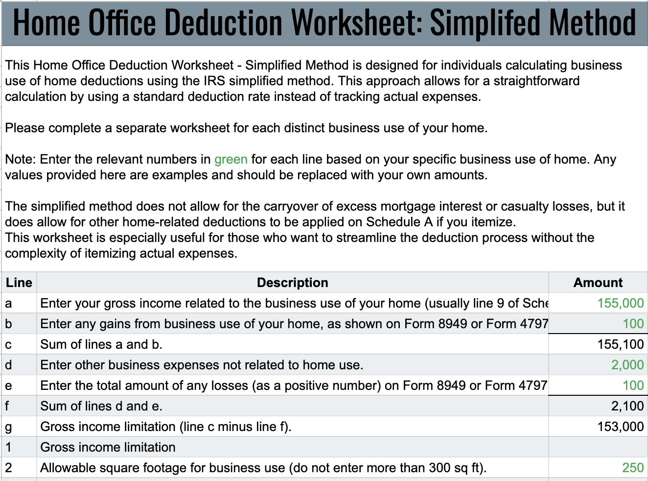 Home Office Deduction Worksheet for Business Expense Tracking: Actual ...