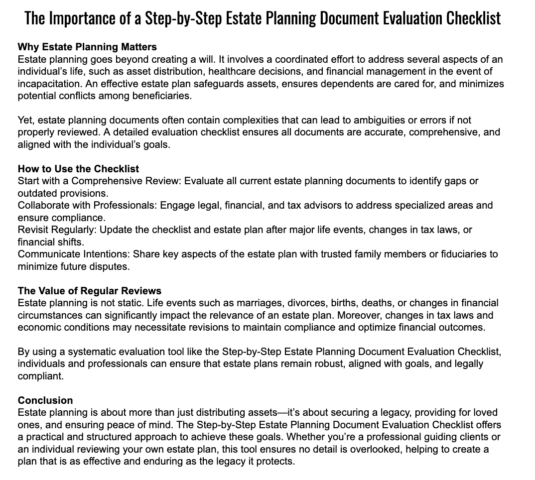 Step-by-Step Estate Planning Document Evaluation Checklist - Small ...
