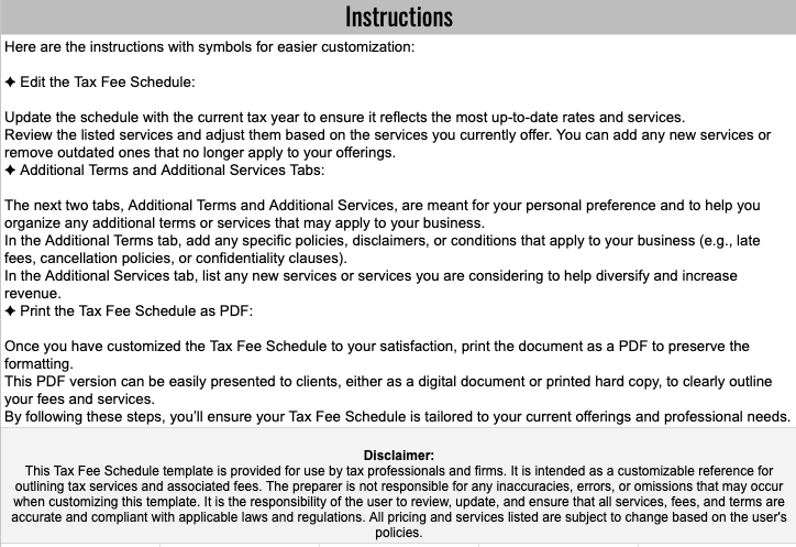 Tax Prep Fee Schedule Template - Small Business Accounting
