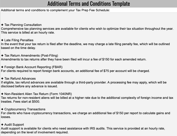 Tax Prep Fee Schedule Template - Small Business Accounting