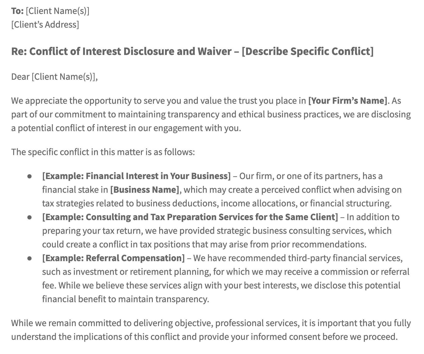 Conflict of Interest Letter Template Bundle + Guide for Tax ...